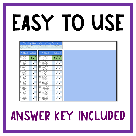 Laws of Exponents Dividing Monomials Activity Digital Pixel Art Mystery ...