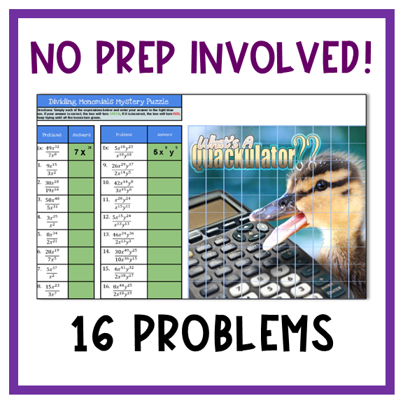 Laws of Exponents Dividing Monomials Activity Digital Pixel Art Mystery ...