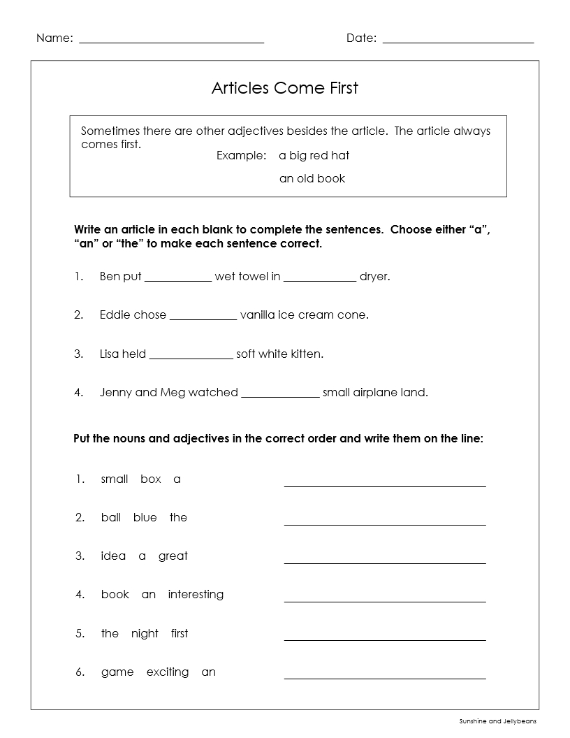 Articles are Adjectives - "a", "an", "the" - 4 worksheets - Grades 1-2 ...