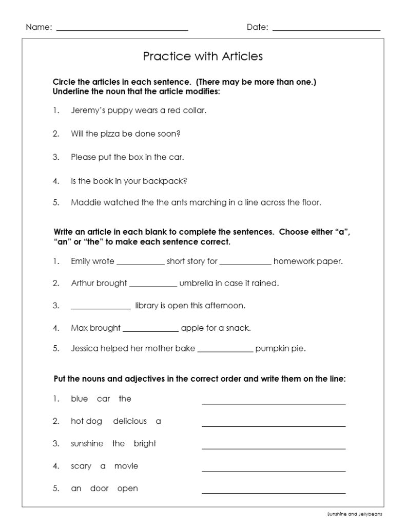 Articles are Adjectives - "a", "an", "the" - 4 worksheets - Grades 1-2 ...