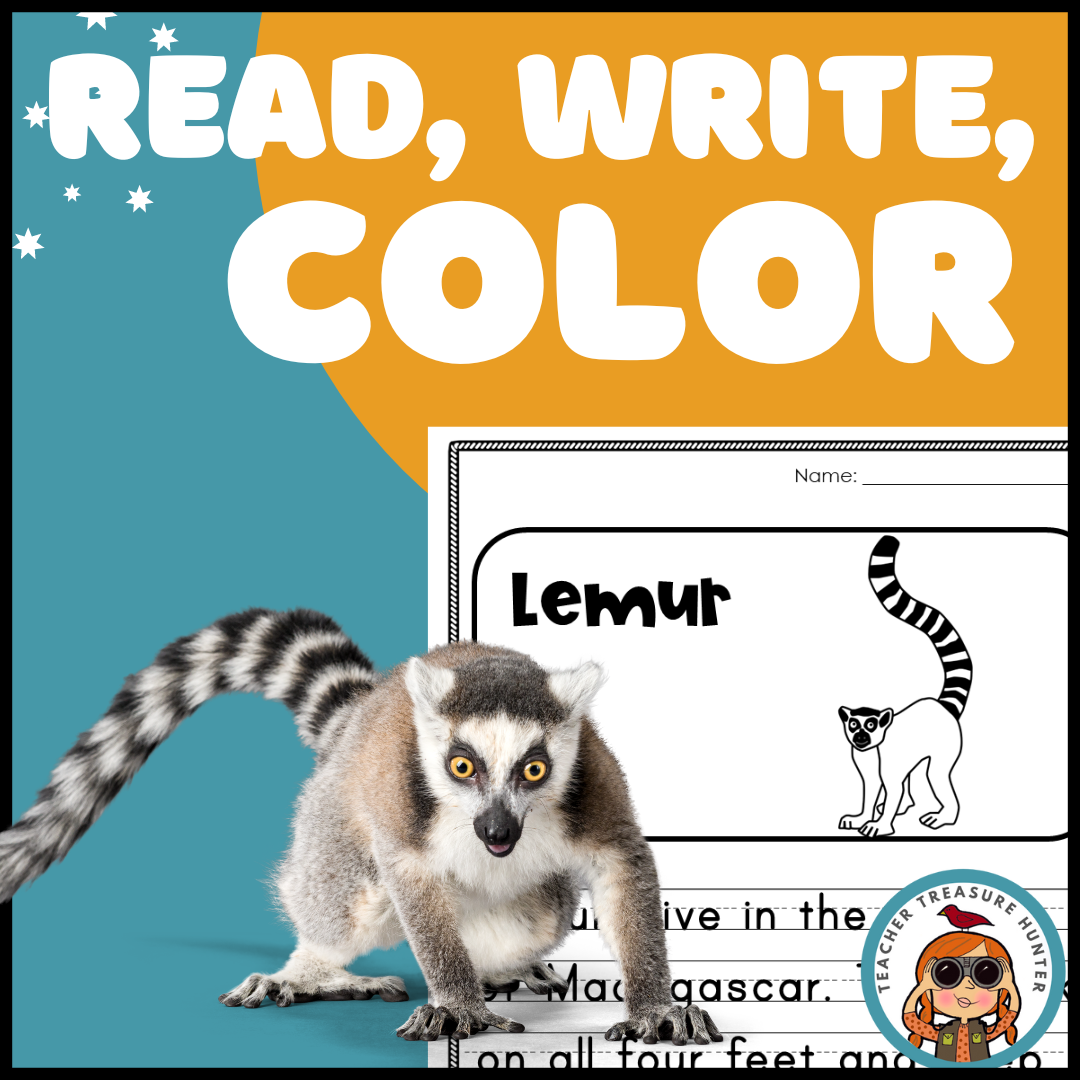 LEMUR Read Write Color activity for K, 1st, 2nd grade African Animals ...