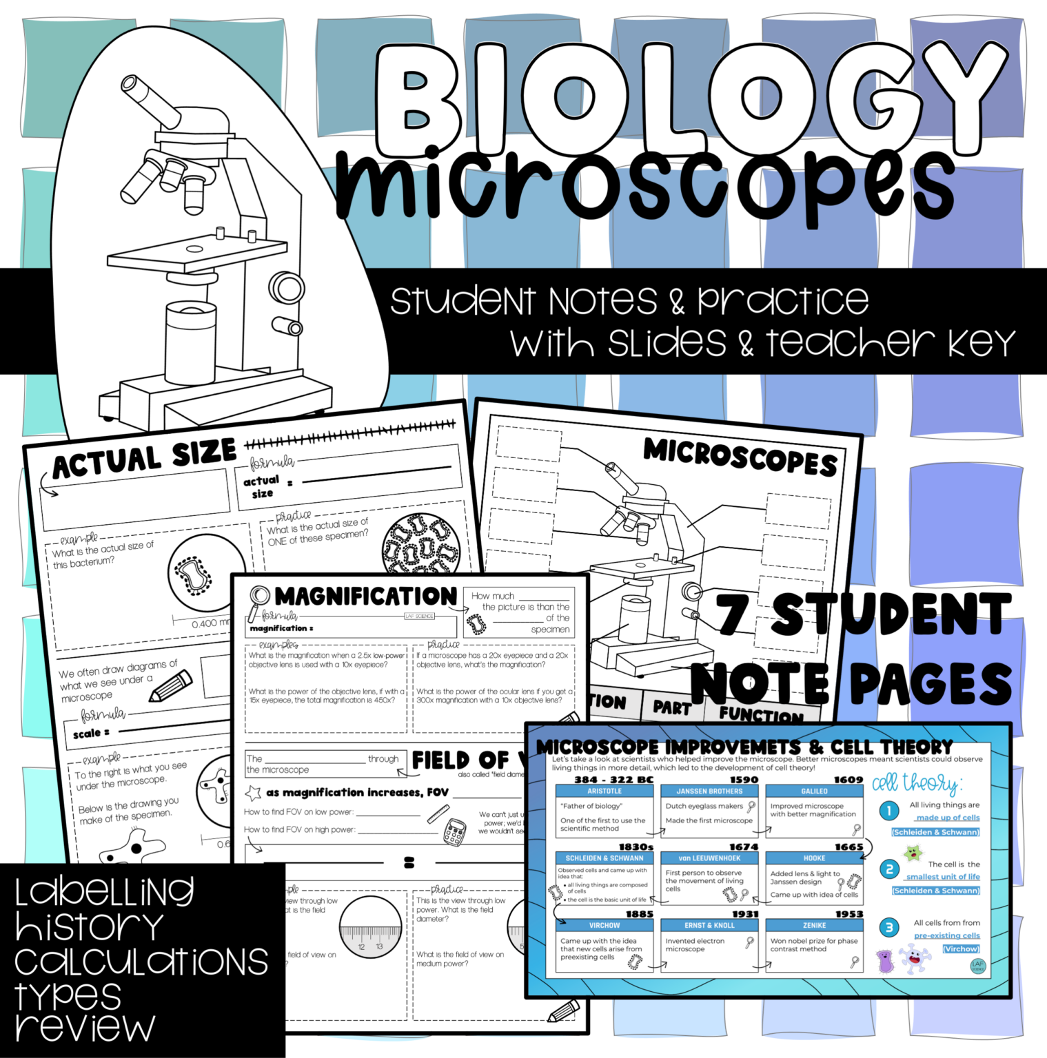 Microscopes Notes & Practice (diagram labelling, history, calculations ...