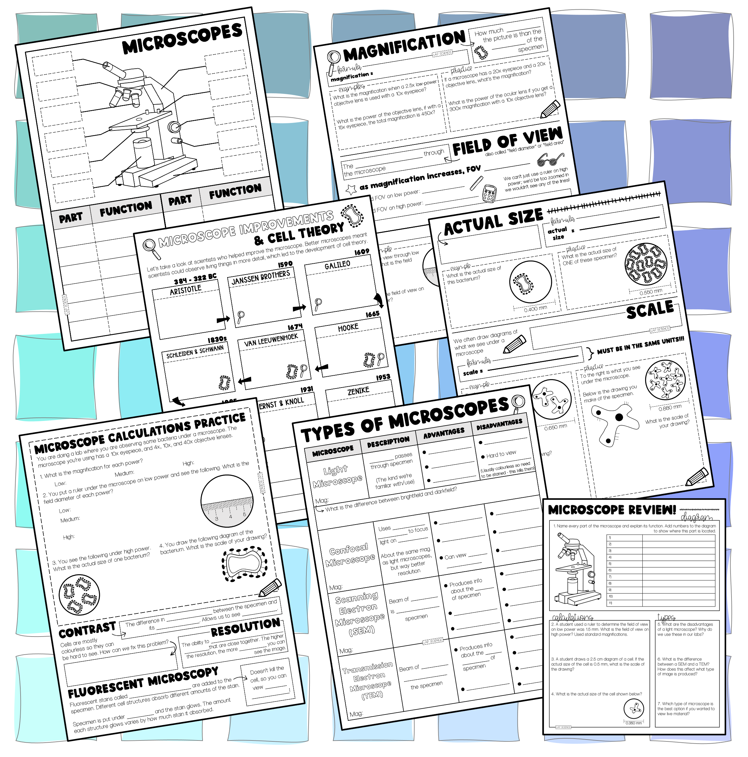Microscopes Notes & Practice (diagram labelling, history, calculations ...