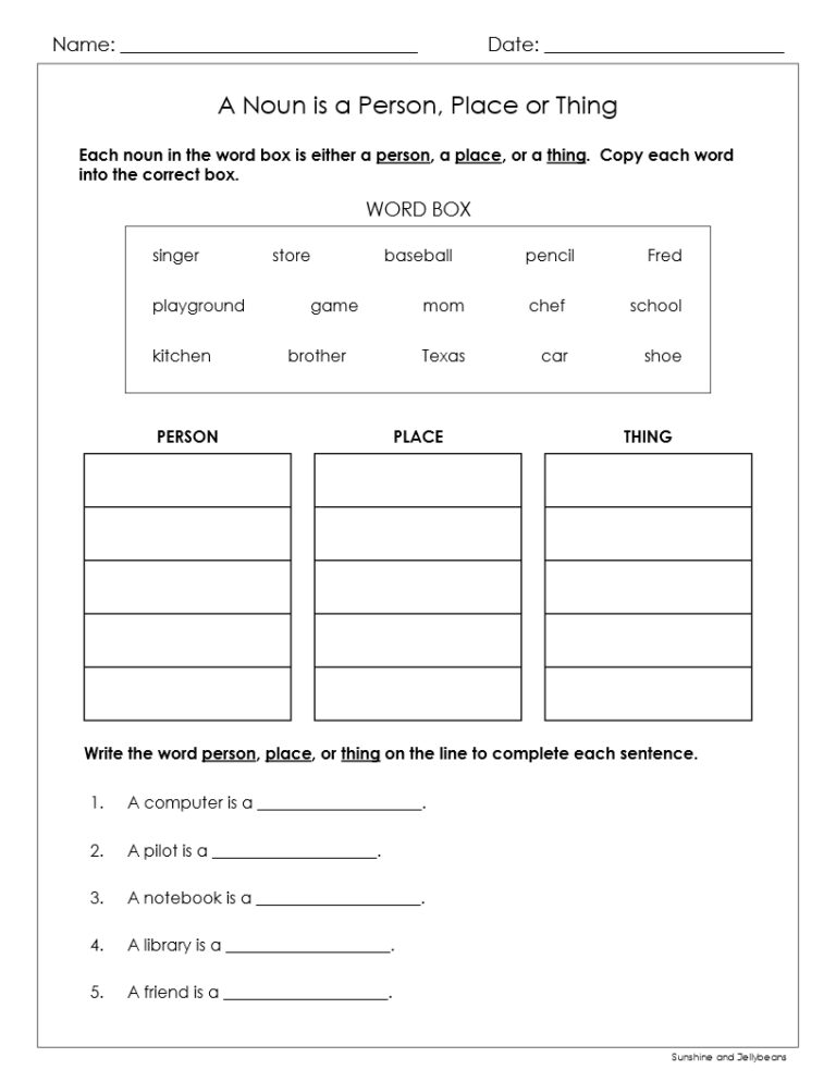 A Noun is a Person, Place or Thing - 4 worksheets - Grades 1-2 - CCSS ...