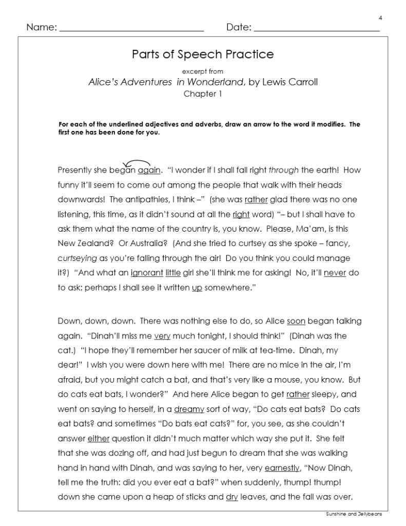 Parts of Speech - Alice in Wonderland - 10 worksheets - Grades 4-5 ...