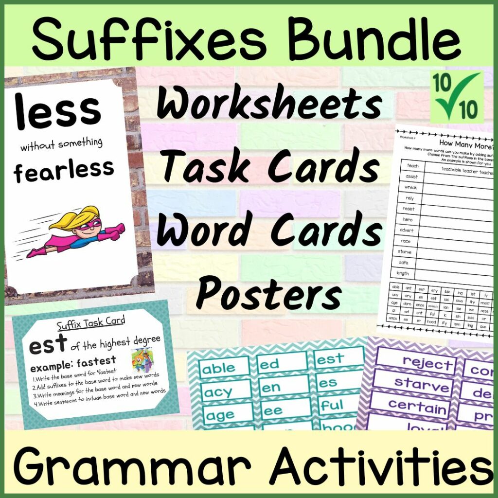 Suffixes Worksheets Word Cards Task Cards & Anchor Chart Posters Value ...