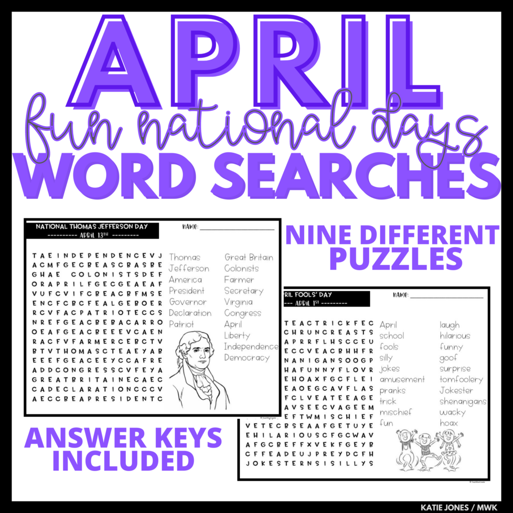 April Word Search Puzzles | Made By Teachers