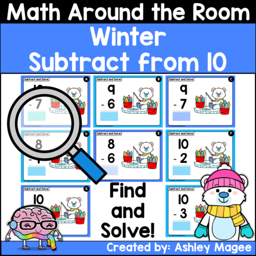 Winter Math Around the Room Subtract from 10 Printable Task Cards ...