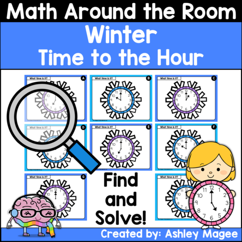 Winter Math Around the Room Time to the Hour Printable Task Card ...