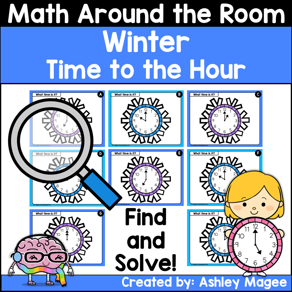 Winter Math Around the Room Time to the Hour Printable Task Card ...