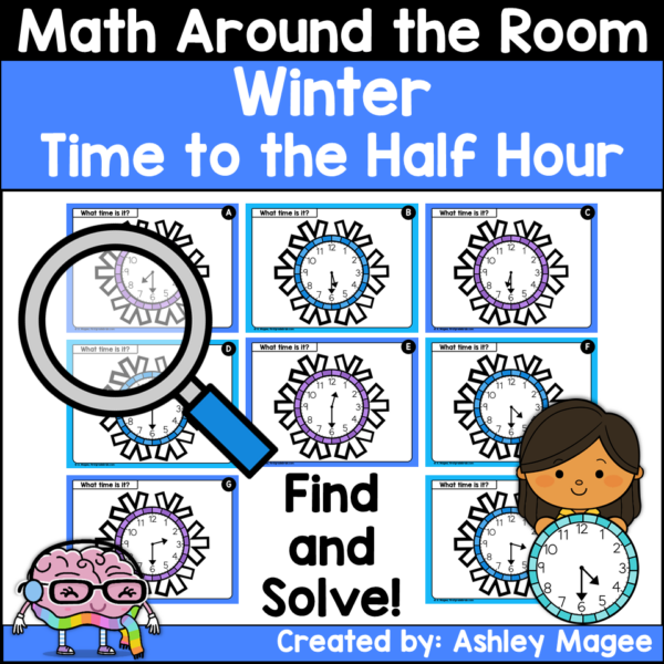 Winter Math Around the Room Time to Half Hour Print Task Card Activity ...