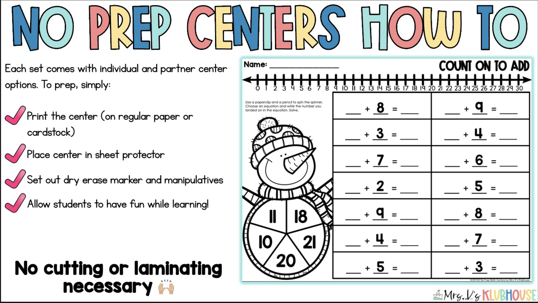 Winter NO PREP Math Centers for 1st Grade - 40 Individual and Partner ...