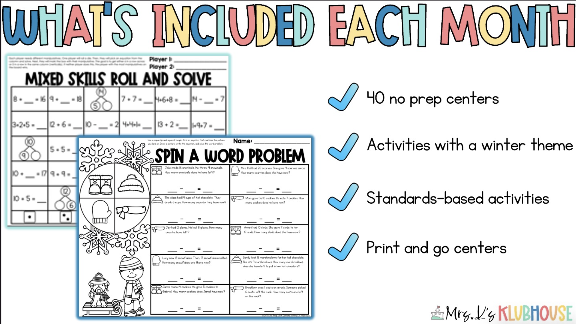 Winter NO PREP Math Centers for 1st Grade - 40 Individual and Partner ...