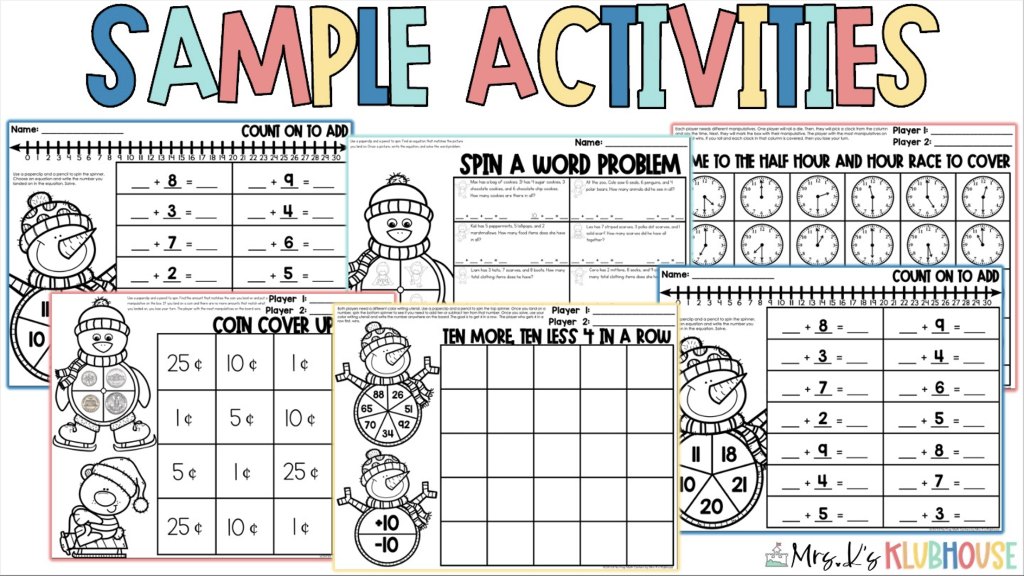 Winter NO PREP Math Centers for 1st Grade - 40 Individual and Partner ...