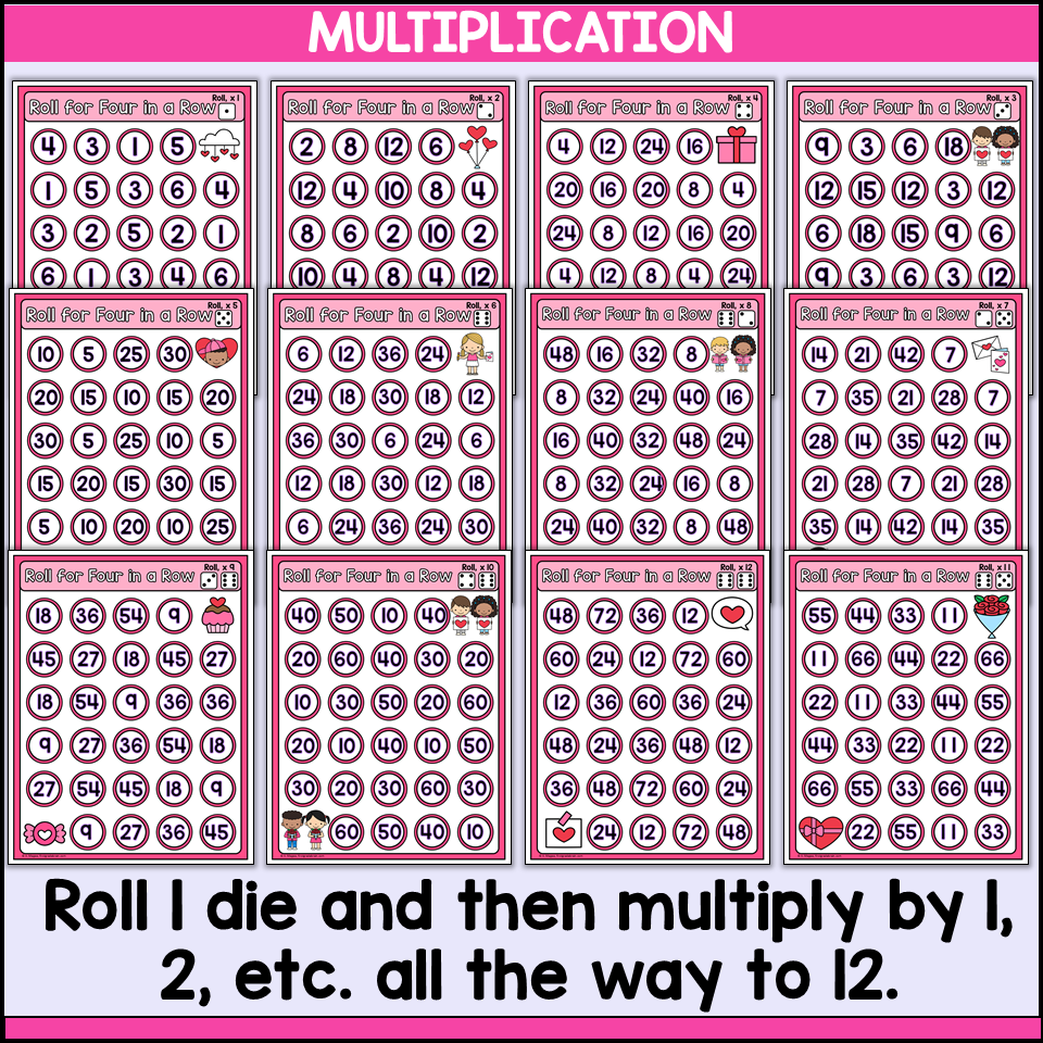 Valentine Math Activity Games Four in a Row Multiplication Center ...