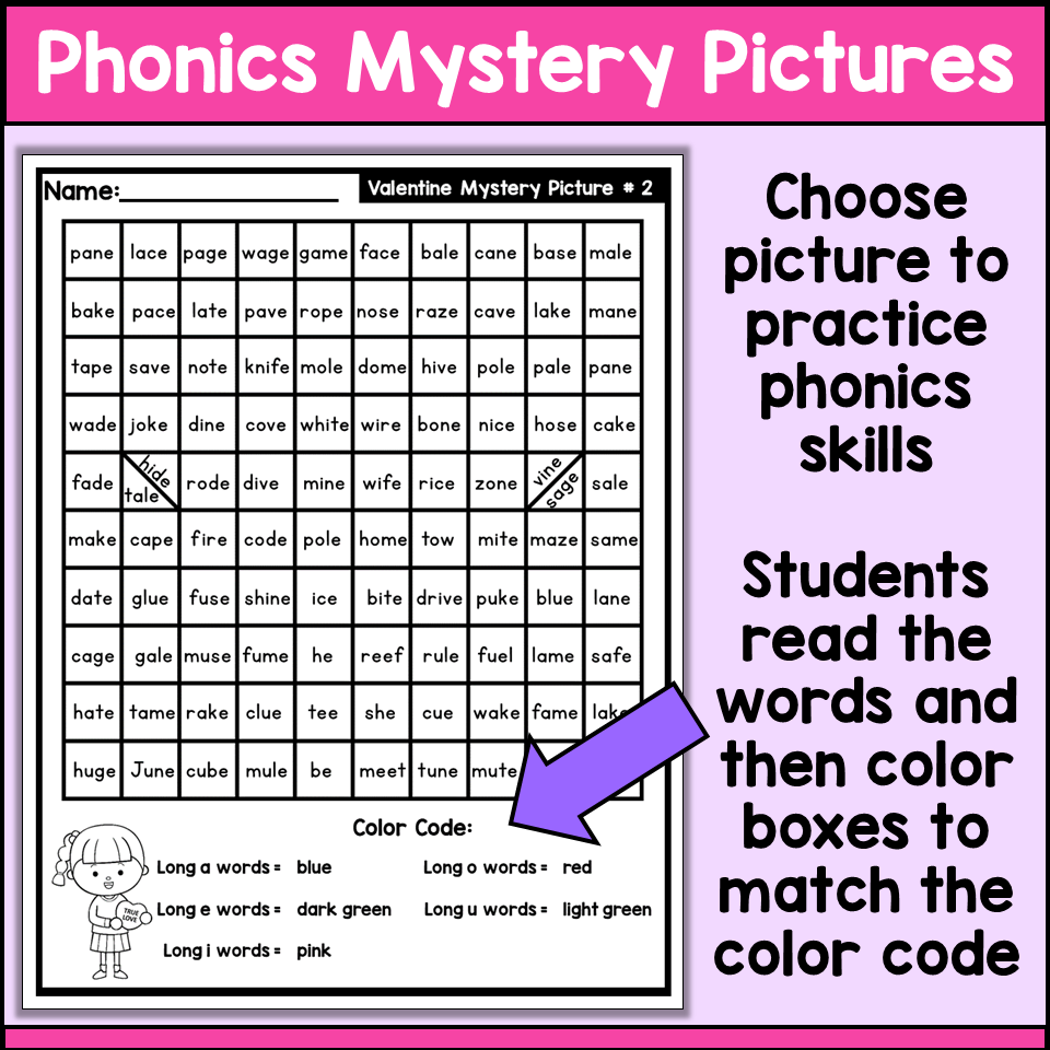 Valentine Phonics Mystery Pictures | Short and Long Vowels, Blends ...