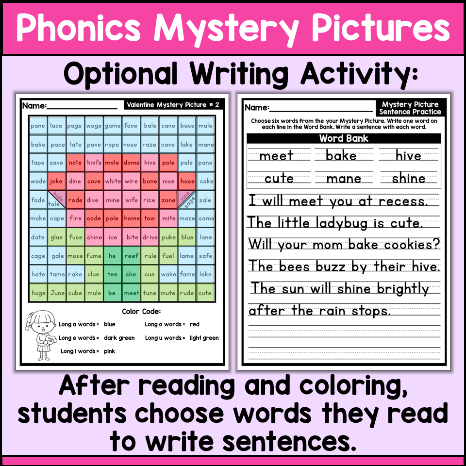 Valentine Phonics Mystery Pictures | Short and Long Vowels, Blends ...