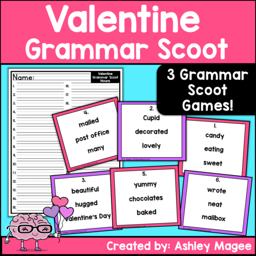 Valentine Grammar Scoot Game Task Card Center 3 Games Nouns Verbs and ...