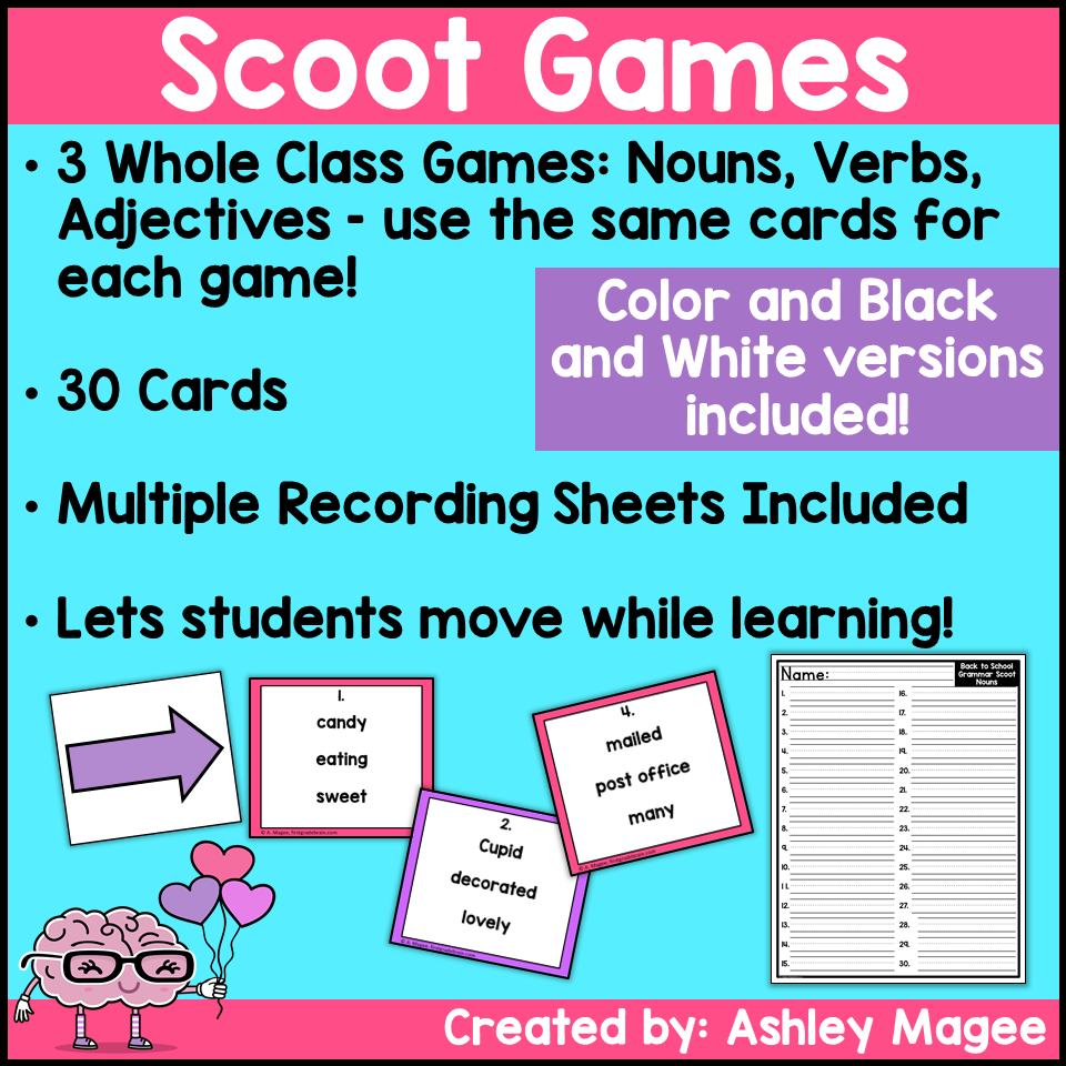 Valentine Grammar Scoot Game Task Card Center 3 Games Nouns Verbs and ...