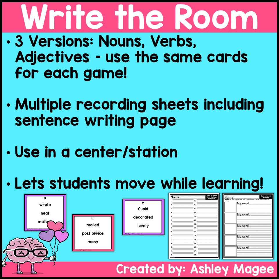 Valentine Grammar Scoot Game Task Card Center 3 Games Nouns Verbs and ...