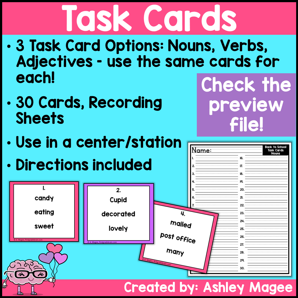 Valentine Grammar Scoot Game Task Card Center 3 Games Nouns Verbs and ...