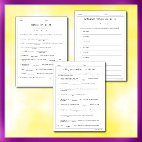 Prefixes: un- dis- re- / 3 worksheets - Grades 2-3 - practice / review ...