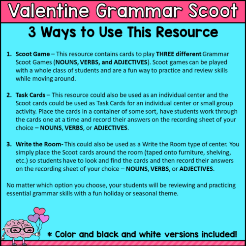 Valentine Grammar Scoot Game Task Card Center 3 Games Nouns Verbs and ...