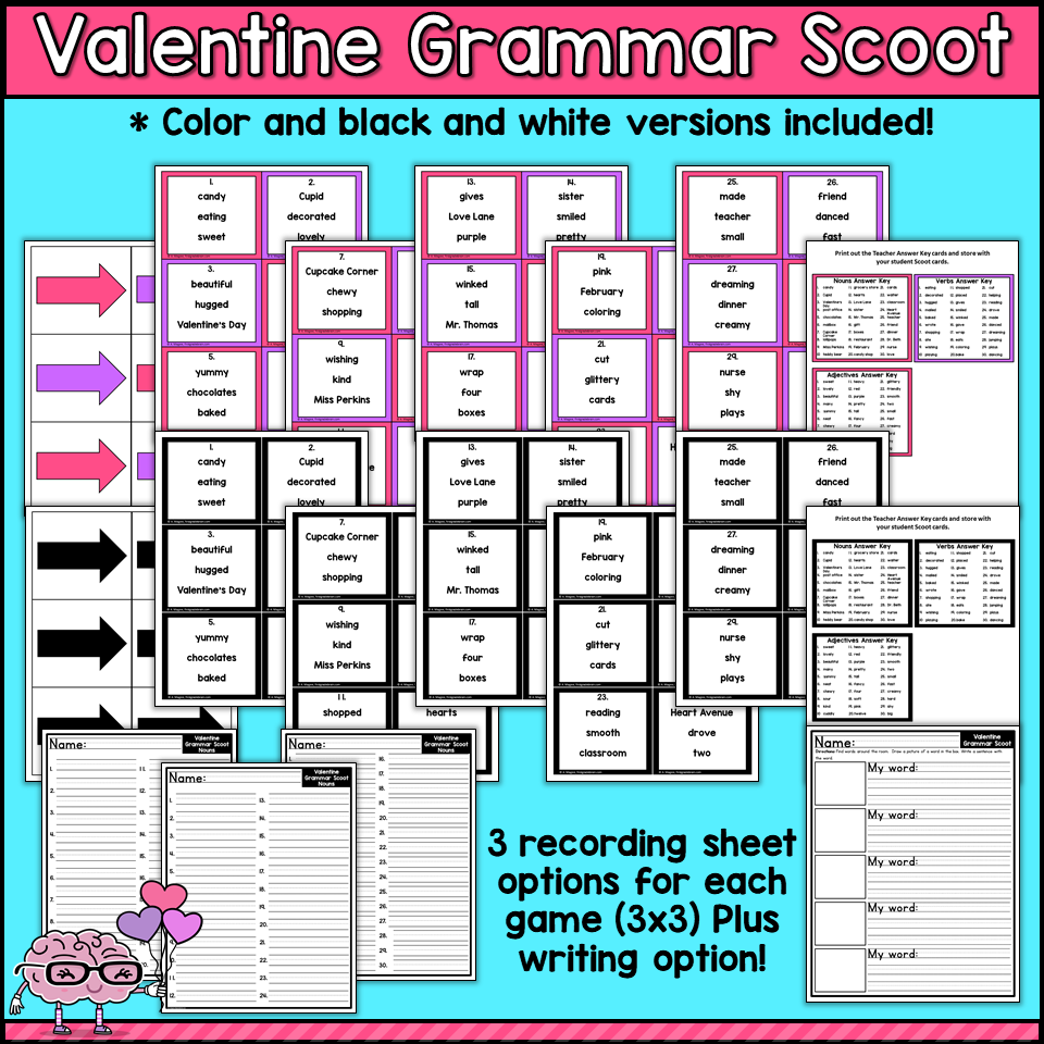 Valentine Grammar Scoot Game Task Card Center 3 Games Nouns Verbs and ...