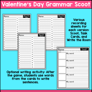 Valentine Grammar Scoot Game Task Card Center 3 Games Nouns Verbs and ...