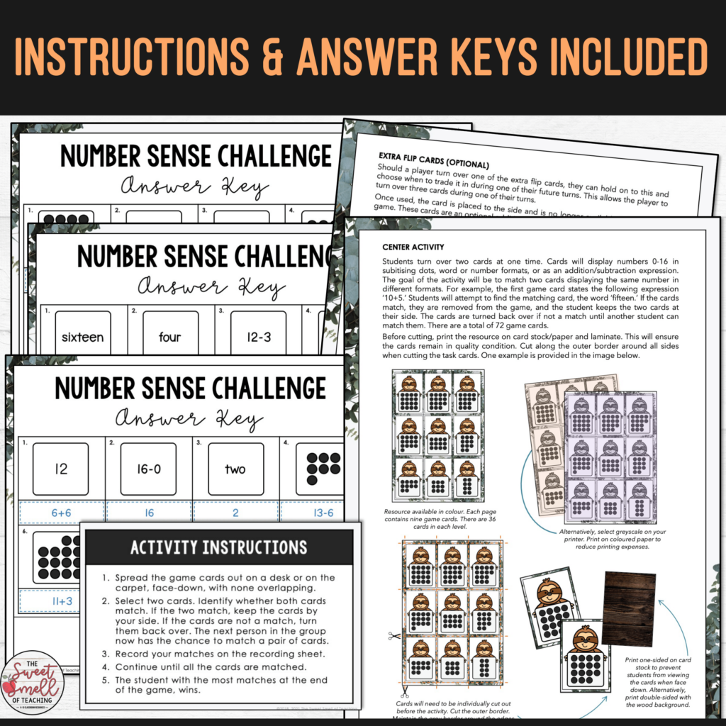 Number Sense Math Center Memory Match Game & Differentiated Worksheets ...