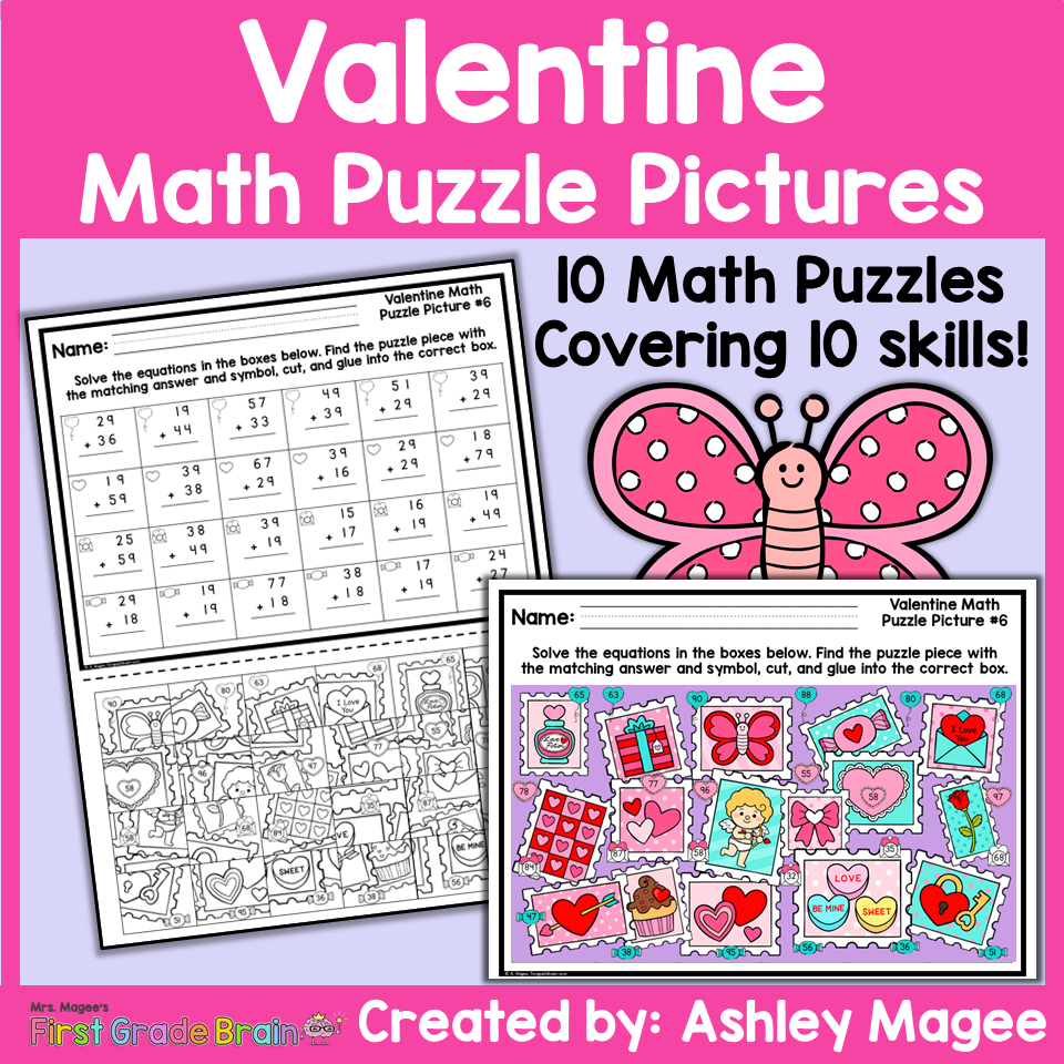 Valentine Math Puzzle Pictures with Writing Activity | Made By Teachers