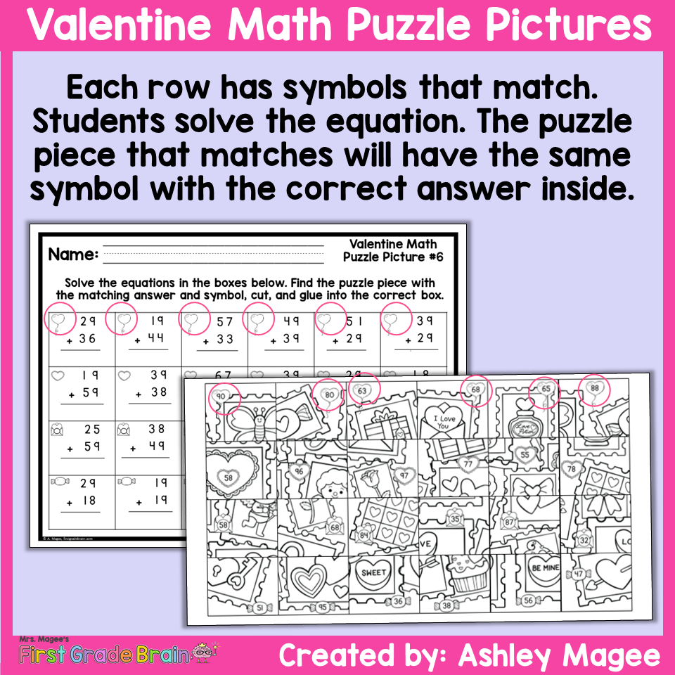 Valentine Math Puzzle Pictures with Writing Activity | Made By Teachers