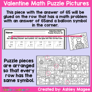 Valentine Math Puzzle Pictures with Writing Activity | Made By Teachers