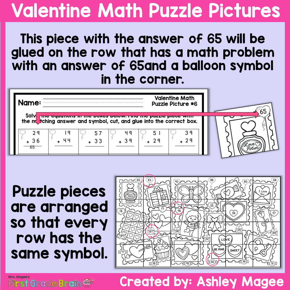 Valentine Math Puzzle Pictures with Writing Activity | Made By Teachers