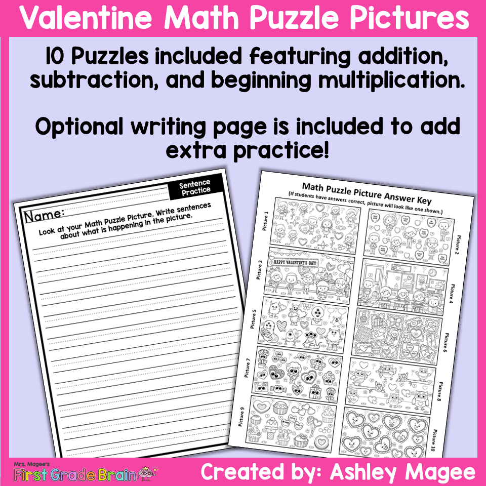 Valentine Math Puzzle Pictures with Writing Activity | Made By Teachers
