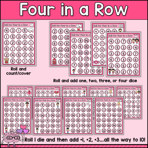 Valentine Four in a Row Addition Games Roll and Add | Made By Teachers