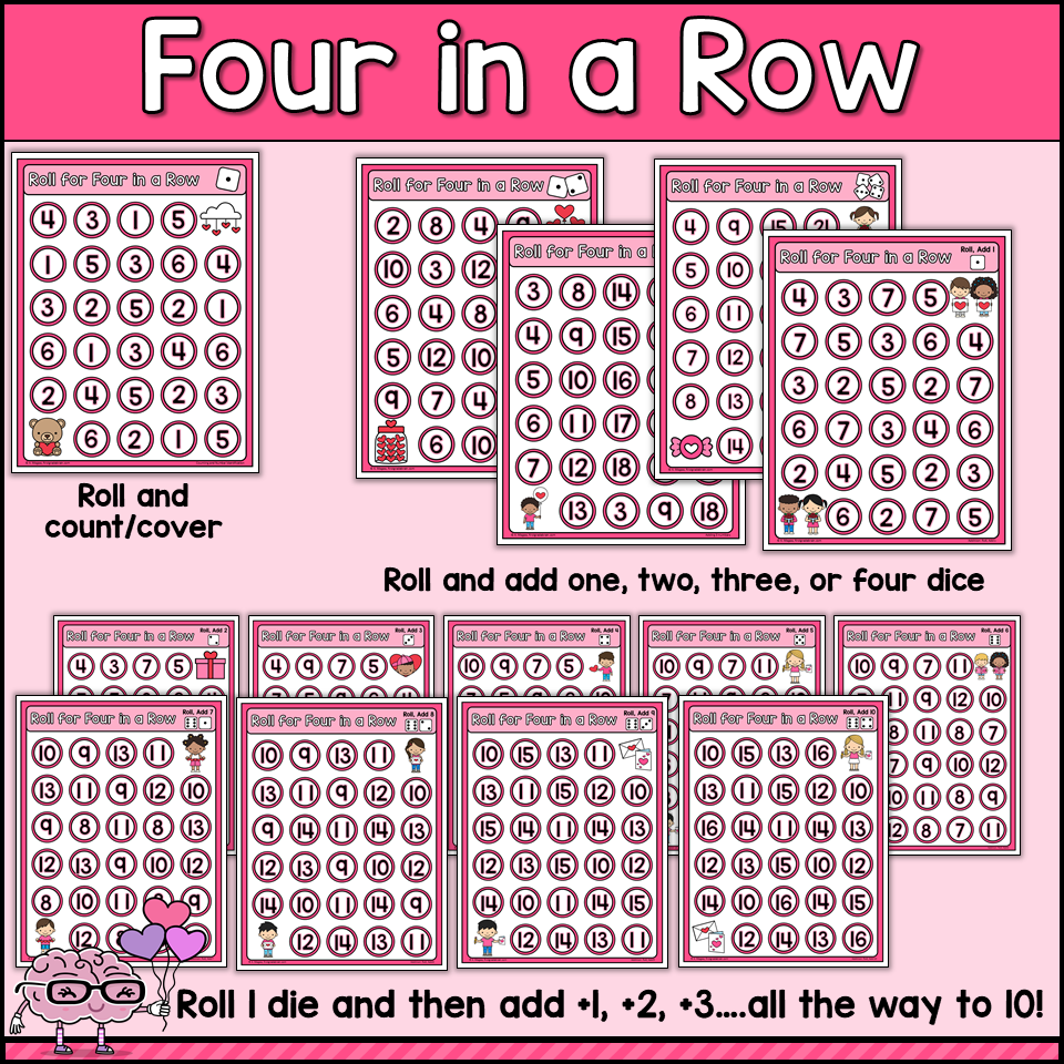 Valentine Four in a Row Addition Games Roll and Add | Made By Teachers