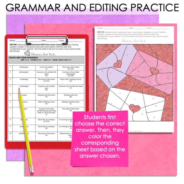 Valentine's Day Activities for Middle School Color By Number Language ...