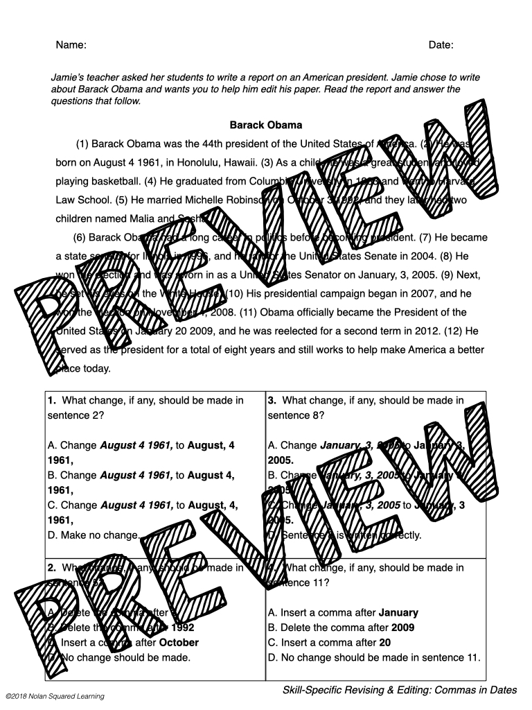 Commas in Dates: Skill-Specific Revising and Editing Passage | Made By ...