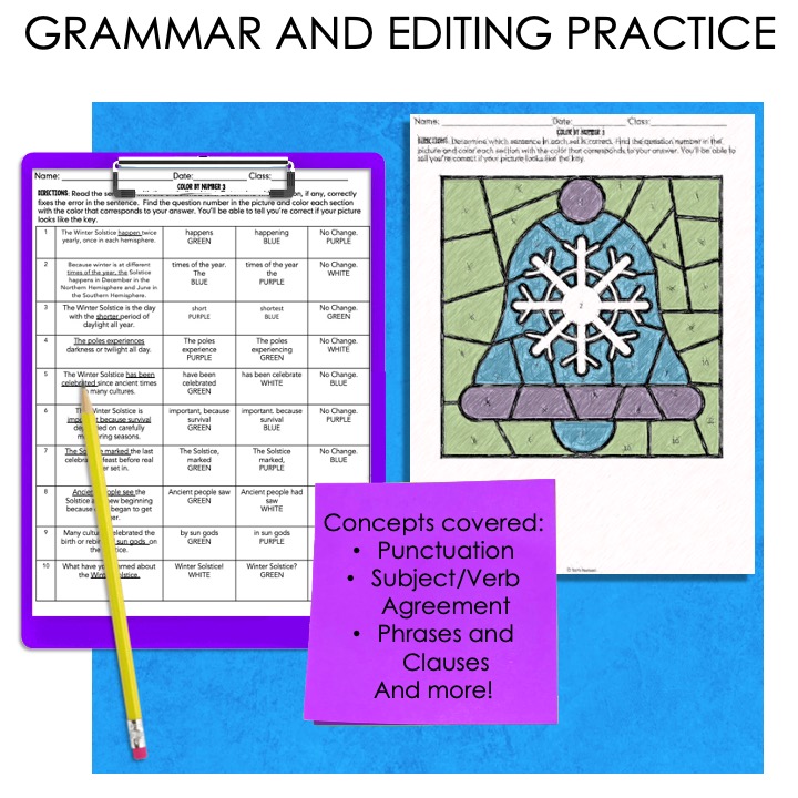 Winter Activities for Middle School ELA Color By Number Grammar ...