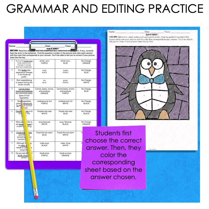 Winter Activities for Middle School ELA Color By Number Grammar ...