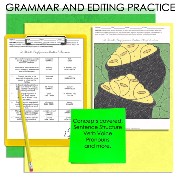 St. Patrick's Day Activities for Middle School ELA Color by Number ...