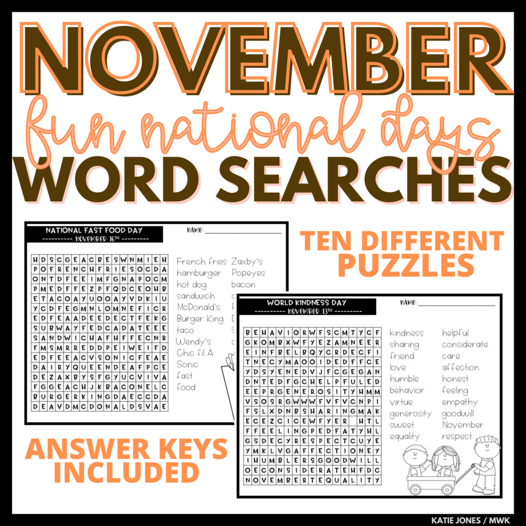 November Word Search Puzzles | Made By Teachers
