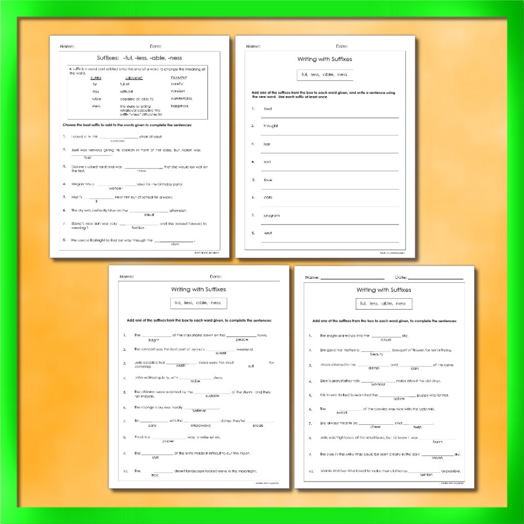 Suffixes: -ful, -less, -able, -ness / 4 worksheets - Grade 3 - Great ...