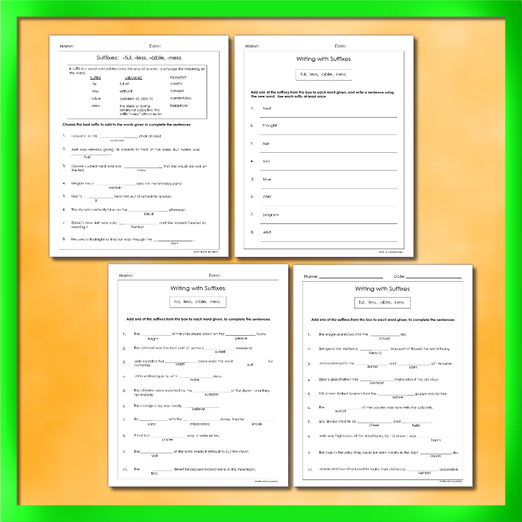 Suffixes: -ful, -less, -able, -ness / 4 worksheets - Grade 3 - Great ...