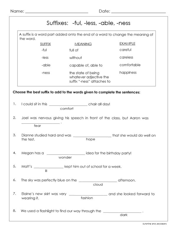 Suffixes: -ful, -less, -able, -ness / 4 worksheets - Grade 3 - Great ...