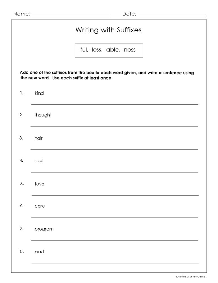 Suffixes: -ful, -less, -able, -ness / 4 worksheets - Grade 3 - Great ...