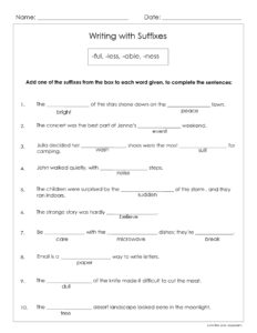 Suffixes: -ful, -less, -able, -ness / 4 worksheets - Grade 3 - Great ...