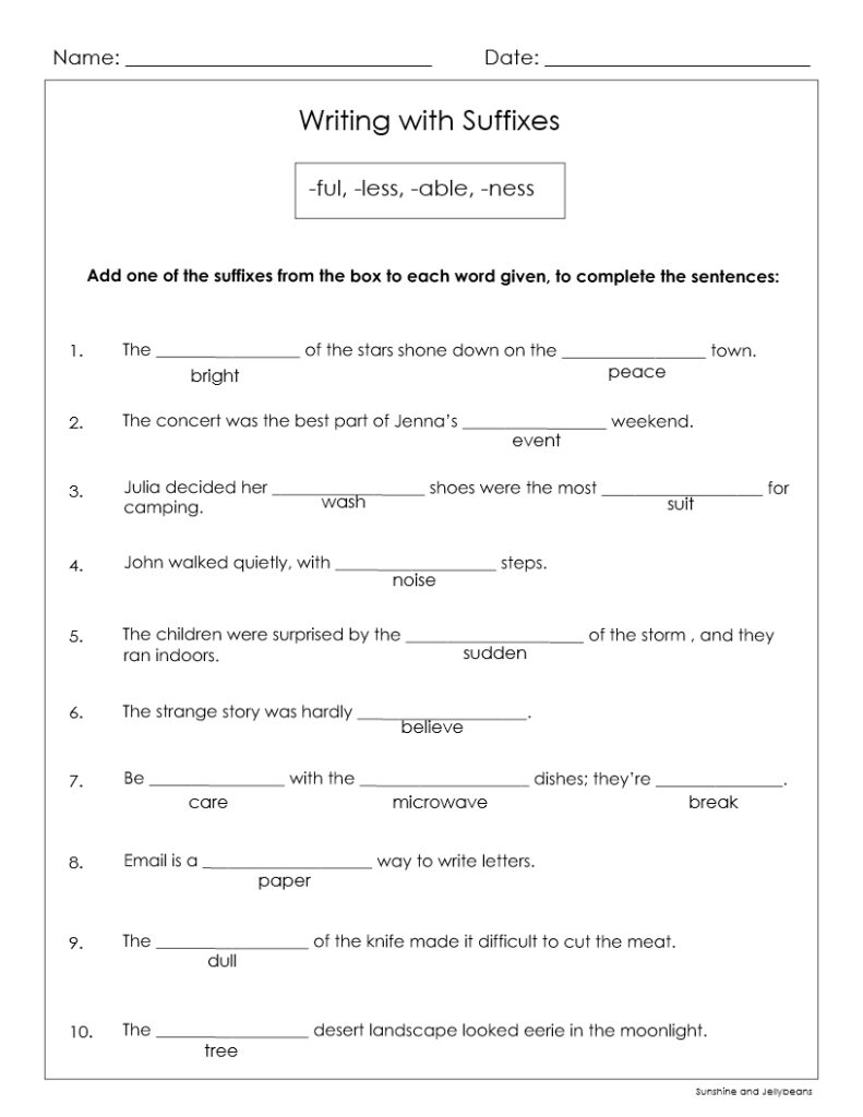 Suffixes: -ful, -less, -able, -ness / 4 worksheets - Grade 3 - Great ...