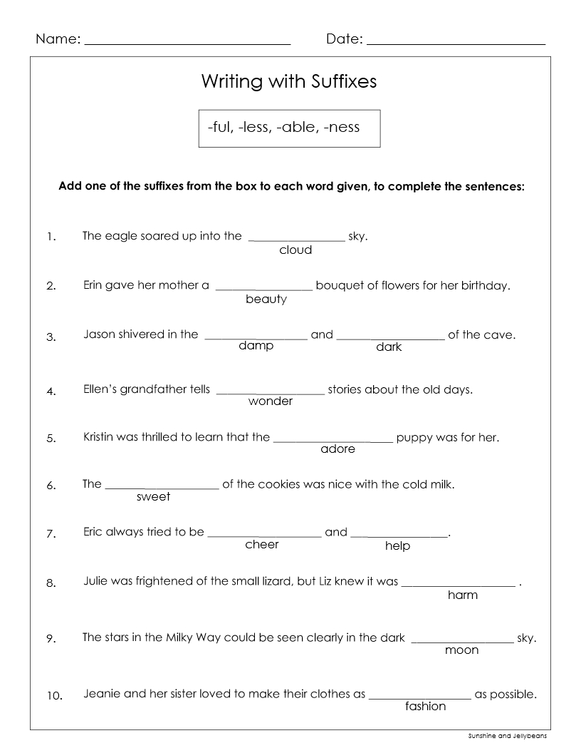 Suffixes: -ful, -less, -able, -ness / 4 worksheets - Grade 3 - Great ...